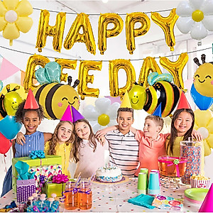 Bee Themed Birthday Party Decorations, Happy Bee Day Balloons Banner, Yellow Bee Foil Balloons Daisy Mylar Foil Balloons for Boys Girls Baby Shower Bee Theme Birthday Supplies