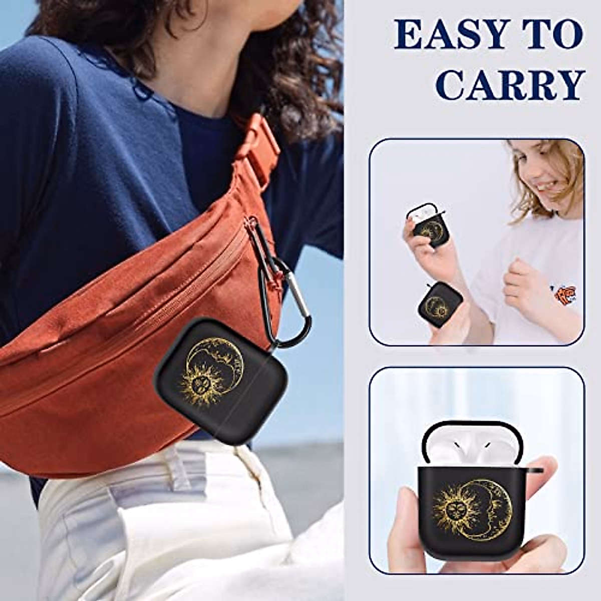 Kokaaee for Airpod Case 2nd & 1st Generation Cover Black Funda Cute Fun Aesthetic Cool Funny Silicone Estuche with Keychain Girls Women Boys Protector Sun and Moon Teen for Apple Air Pod 1/2 Gen Cases