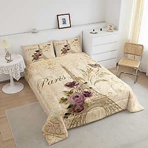 Homewish Eiffel Tower Full Size Comforter Set,Purple Rose Bedding Set for Adults Teens,Children Romantic Paris Comforter Luxury Retro Style Quilt Set Room Decor 3Pcs