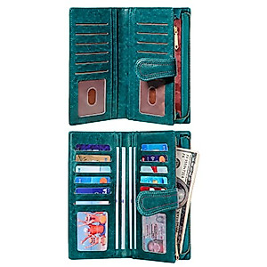 CILLA Womens Leather Wallet Large Capacity Bifold Ladies Zipper Clutch Credit Card Holder With Coin Pouch Oil Wax Design (Turquoise Green)
