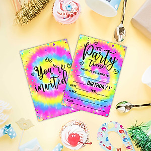 AWSICE Tie Dye Theme Birthday Invitations, Double-Sided Fill-In Invite Cards For Birthday Party, 20 Invitations With Envelopes, Decorations,Party Favor And Supply-A49