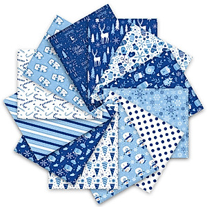 Whaline 12Pcs 18" x 22" Christmas Fat Quarter Fabric Bundles Winter Blue White Snowflake Reindeer Printed Quilting Patchwork Cotton Craft Fabric Pre-Cut Square Sheets for DIY Patchwork Sewing Crafting