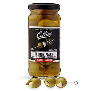 Collins Jalapeno Garlic Stuffed Cocktail Olives, Gourmet Martini Olive Cocktail Garnish, Dirty Martini Olives, Bloody Mary, Jalapeno Olives Garlic Olives 4.5oz