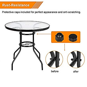 VINGLI Patio Table with Umbrella Hole, 32" Round Outdoor Dining Table Steel Tempered Glass Patio Table Outdoor Table for Balcony Garden Deck