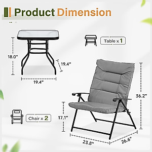 Brightpeak 3 Pcs Patio Folding Bistro Set, Outdoor Metal Adjustable Recliner Furniture Set, 2 Foldable Padded Chairs and Coffee Bistro Table Set for Balcony, Backyard, Porch (Grey)