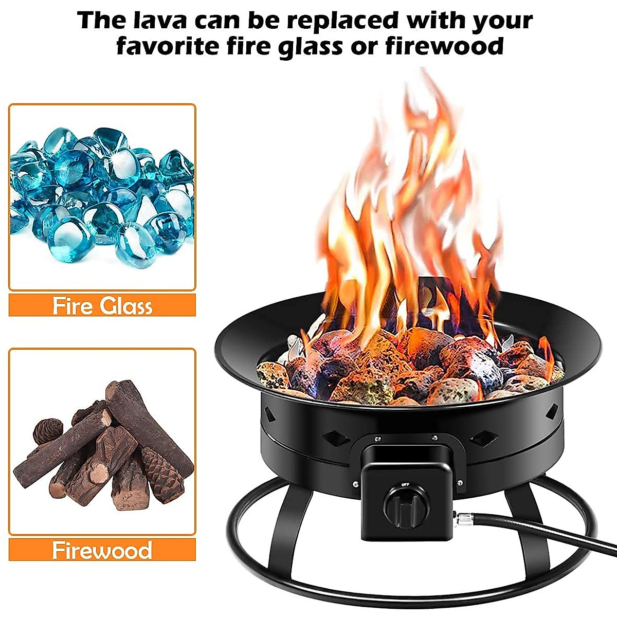 ReunionG 58,000 BTU Portable Propane Outdoor Fire Pit, w/ Cover & Carry Kit, CSA Certification, , Lava Rocks & 10 FT Hose, Durable Gas Fire Bowl for Outdoor Heating, Camping and Party, black