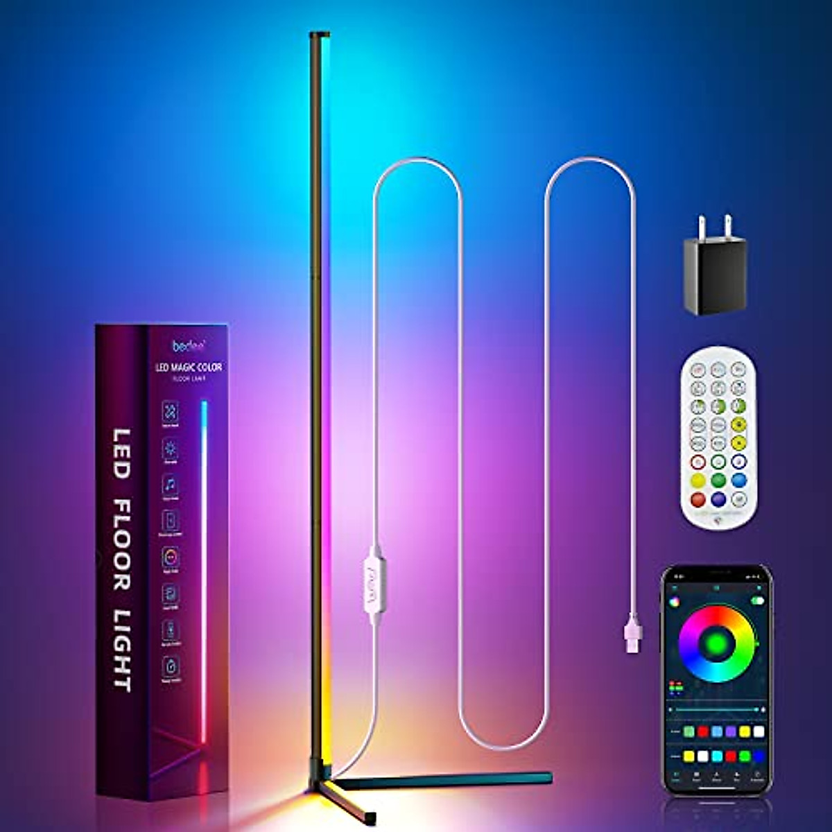bedee RGB LED Corner Floor Lamp: Dimmable Corner Floor Lamp with Music Sync and 16 Million DIY Colors, Color Changing Standing Lamp with Smart Bluetooth APP and Remote Control for Living Room Bedroom
