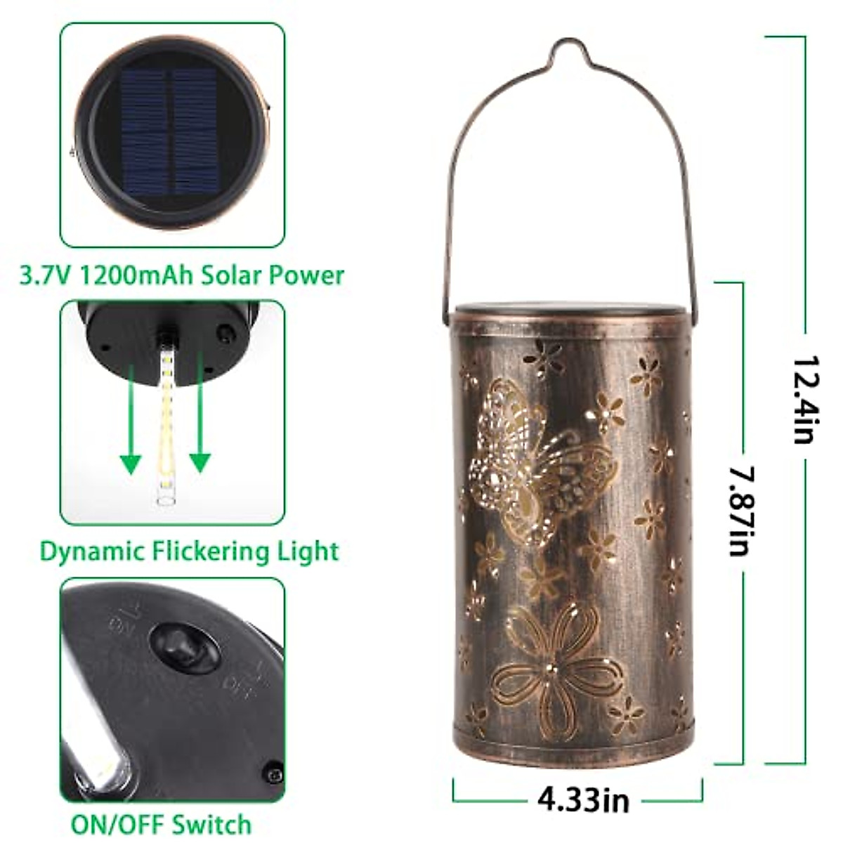 Solar Lanterns Outdoor Waterproof Hanging Lantern Lights, Butterfly Dynamic Flashing Light, Retro Metal Garden Solar Lights Decorative for Yard, Pathway, Patio, Fence,Tree, Gifts for Women(2-Pack)