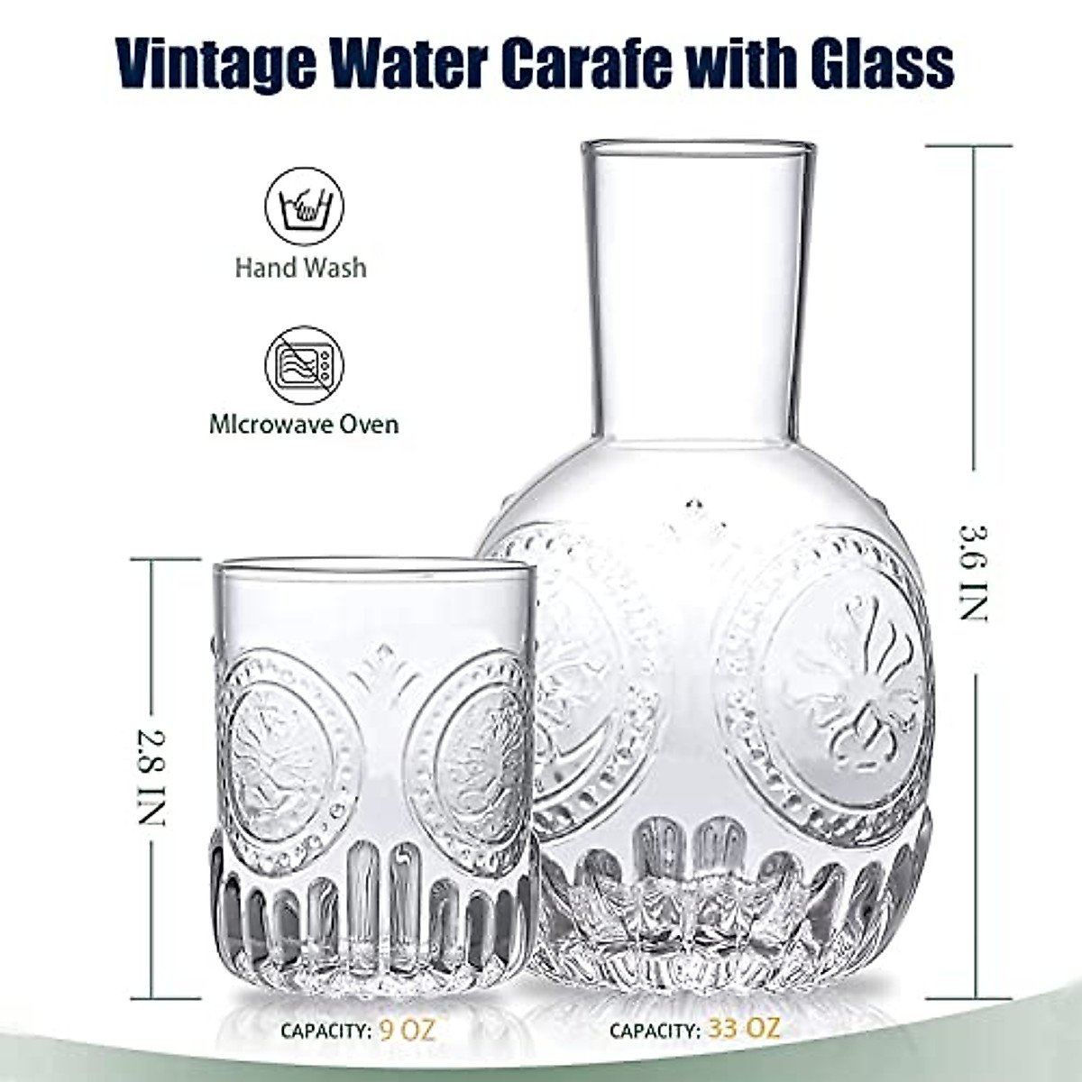 Bedside Water Carafe and Glass Set 33oz Vintage Nightstand Glass Carafe with Cup Mouthwash Water Decanter - Drink Water at Night and Keep Water Fresh (Clear)