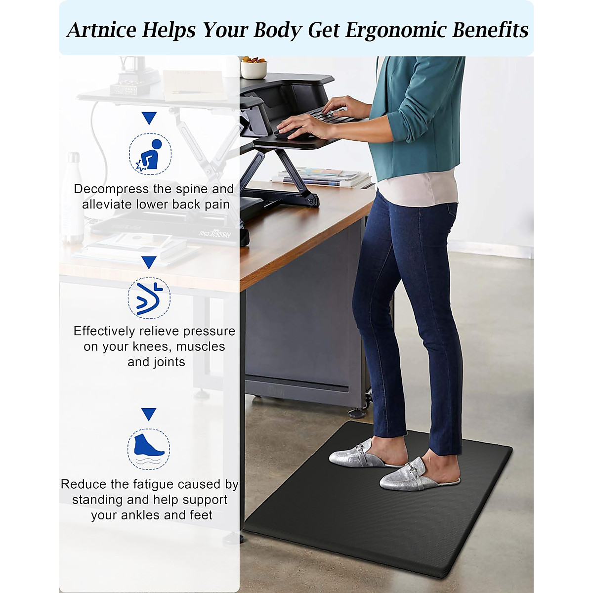 Artnice Anti Fatigue Mat Standing Desk Office One Piece,0.75" Memory Foam Kitchen Mats for Standing,Standing Mat for Standing Desk for Floor, Office, Sink(17.3" x 28")