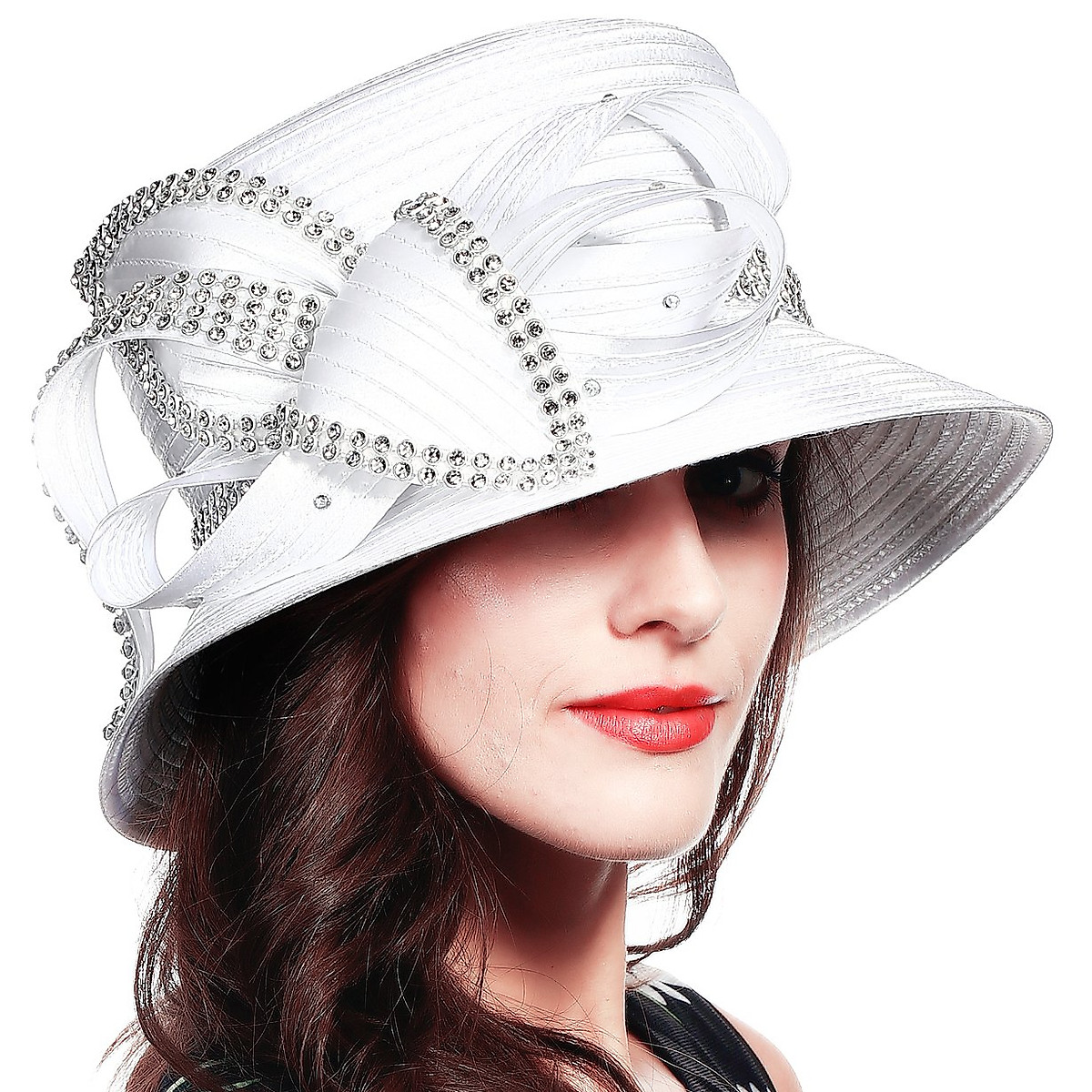 FORBUSITE Church Kentucky Dress Derby Hats for Women White - Satin w Rhinestone