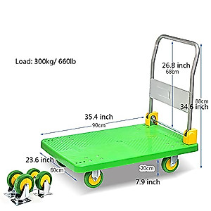 Generic Platform Hand Truck Platform Hand Truck Push Cart for Moving Foldable Handle and 360 Degree Swivel Wheels for Easy Storage Stable Transport High Bear Foldable (Size : 90 * 60), Green