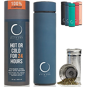 Pure Zen Tea Thermos with Infuser - Stainless Steel Insulated Tea Infuser Tumbler for Loose Leaf Tea, Iced Coffee and Fruit-Infused Water - Leakproof Tea Tumbler With Infuser - 15oz - Blue
