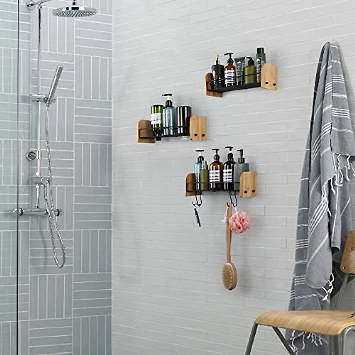 Lomivra 3 Pack Shower Caddy,Bamboo Shower Caddy Bathroom Organizer Shelf,Shower Organizer Rack with 3 Hooks,No Drilling & Rustproof Adhesive Hanging Shower Storage Basket for Inside Shower Bathroom