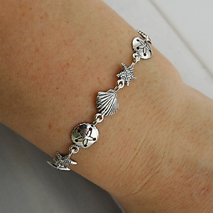 FashionJunkie4Life Sterling Silver Beach Bracelet, 7.5" Length, Sand Dollar Starfish Seashell Pattern