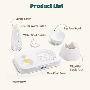 Nobleza 3-in-1 Slow Pet Feeder Bowl Bottle Set, Automatic Pet Dispenser Treat Food & Water Bowl with 15° No Spill Tilted Raised Bowl for Cat Dog Small Medium Pet Kitten Puppy Bunny Healthy Food Water