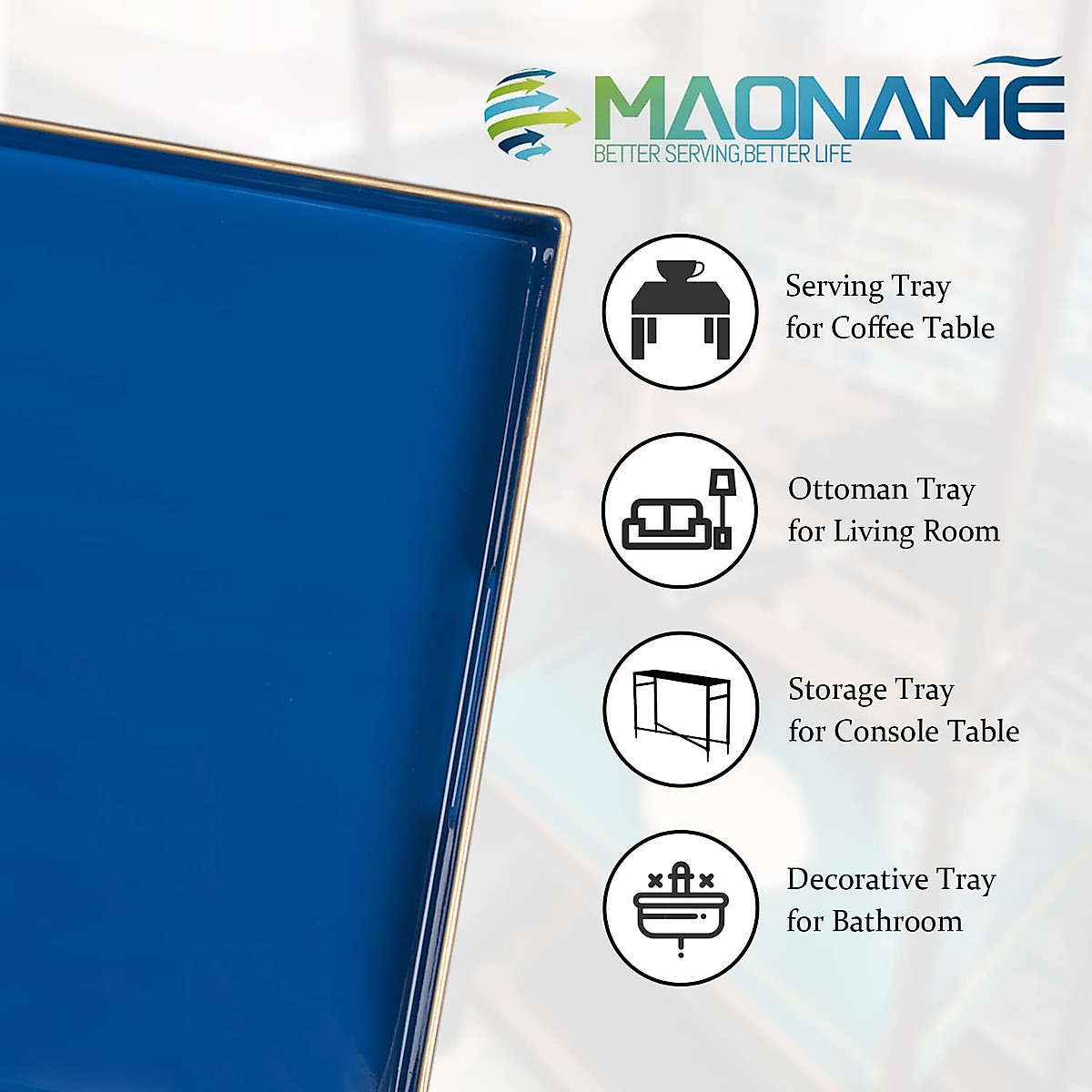 MAONAME Decorative Tray, Royal Blue Serving Tray with Handles, Coffee Table Tray, Square Plastic Tray for Ottoman, Bathroom, Kitchen, 13"x13"x1.57"