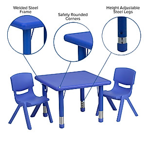 Flash Furniture Emmy 24'' Square Blue Plastic Height Adjustable Activity Table Set with 2 Chairs