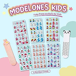 Modelones 144Pcs 6 Pack Press on Nails for Kids Children Acrylic Fake Nails Pre-glue Full Cover Glitter Gradient Color Rainbow Candy Short False Nail Art Kits Sets Gifts for Kids Girls