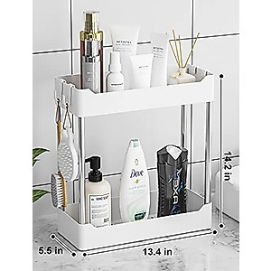 2 Tier Bathroom Organizer Under Sink Organizer Bath Collection Baskets with Hooks Multi-purpose Bathroom Storage for Bathroom Kitchen, White