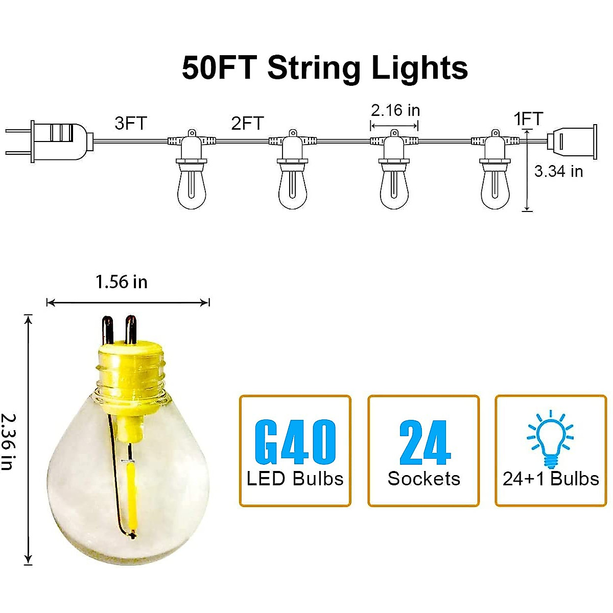 WOOLZ 50FT Led Outdoor Patio Lights with 24+1(Spare) 1W Dimmable Shatterproof G40 Bulbs, Waterproof Outdoor String Lights for Garden, Bistro, Cafe, Pergola and Porch.