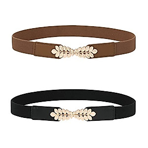 AWAYTR Skinny Belts for Women Dresses - Retro Olive leaves Buckle Stretchy Elastic Belts for Jeans(Black+ Brown,Suitable Waist 33-40in)