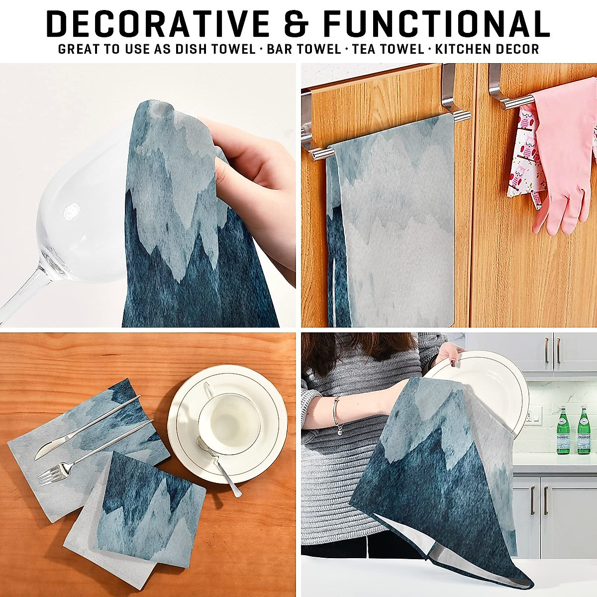 KEEPREAL Blue Watercolor Mountains Kitchen Dish Towel Set of 4 | 18 x 28 Inch Tea Towels | Ultra Soft and Absorbent Cleaning Cloths Set