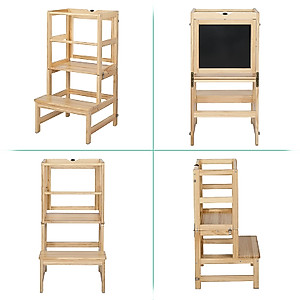 JOYMOR Kids Kitchen Standing Tower with Safety Rail, Chalkboard, Children Learning Step Tower for Kitchen Counter, Mothers' Helper (Natural)