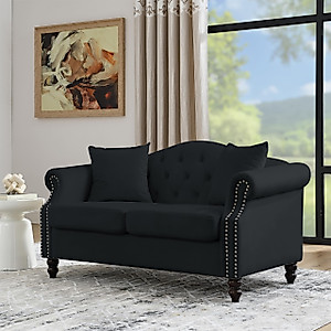 Chesterfield Sofa Velvet for Living Room, Lounge Sofa Tufted Couch with Rolled Arms and Nailhead for Living Room, Bedroom, Office, Apartment (Black, 2-Seater)