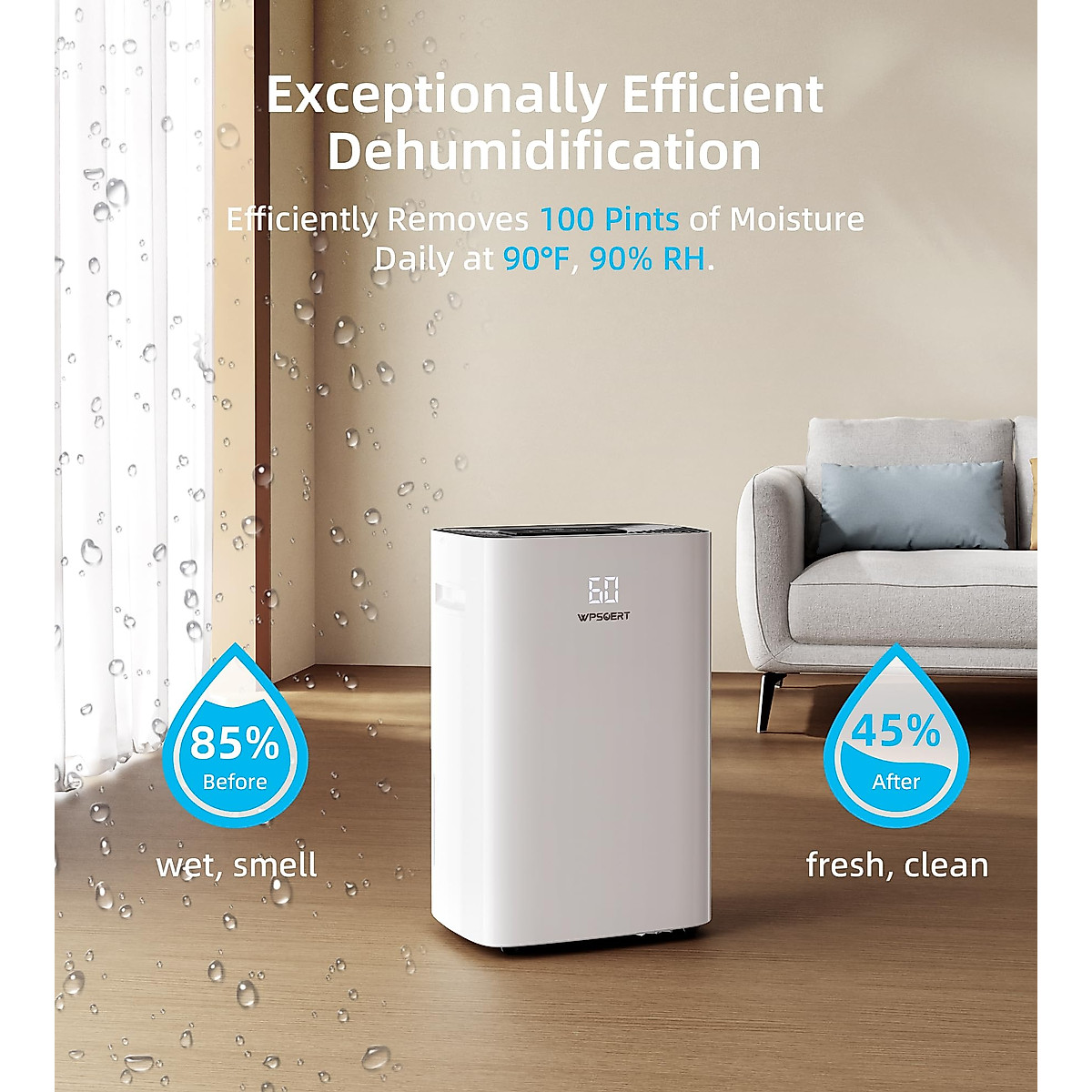 6000 Sq. Ft Dehumidifier for Basement, Wpsoert 100 Pints Dehumidifiers for Home Large Room with Drain Hose, Intelligent Humidity Control, Three Modes Deshumidificador, Child Lock, 24H Timer