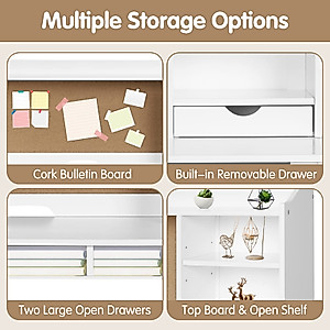Costzon Kids Desk and Chair Set, Children Study Writing Desk w/Chair, Hutch, Storage, Drawers, Shelves, Cork Bulletin Board, Student Wooden Computer Workstation for Bedroom, Study, Living Room, White