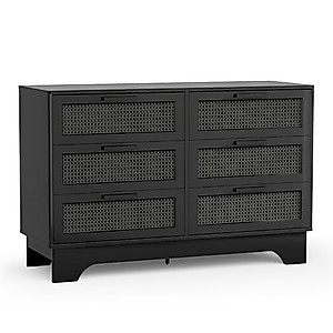 Anmytek Black Rattan 6 Drawer Dresser for Bedroom, Wood Dressers for Bedroom, Natural Wood Storage Wide Dressers & Chests of Drawers Large Storage Cabinet for Closet, Bedroom and Entryway, H0110