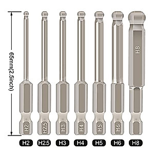 7pcs Metric Ball End Hex Screwdriver Bit Set Magnetic Ball Head Allen bits 2MM 2.5MM 3MM 4MM 5MM 6MM 8MM 1/4 Inch Hex Shank 65MM Length