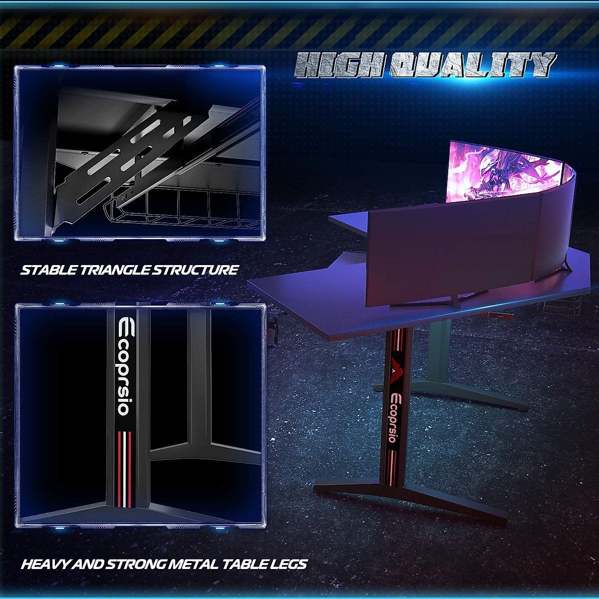 Ecoprsio L Shaped Gaming Desk Corner Gaming Desk, Gaming Computer Desk with Keyboard Tray, Large PC Gaming Desk Gamer Desk Workstation, Computer Gaming Desk Table with Cup Holder and Headphone, Black