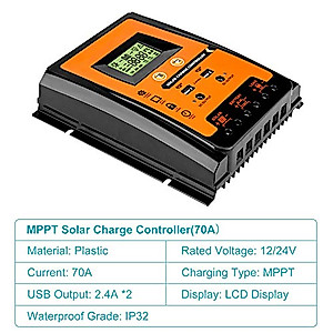 MPPT Solar Charge Controller, 12V/24V 30A/50A/70A Solar Panel Battery Regulator Charge Controller Dual USB LCD Display Solar Power Battery Controller