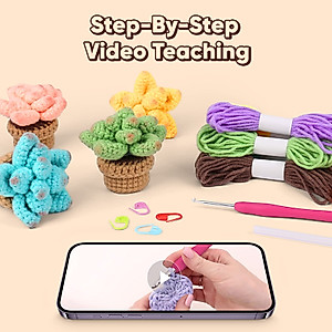 BlumWay Crochet Kit for Beginners, 5 Pcs Succulents Crochet Starter Kit, Beginner Crochet Kit for Adults, Crocheting Beginners Knitting Kit with Step-by-Step Teaching Video