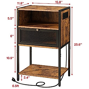 SOOWERY Nightstand with Charging Station, Bedside Tables with 3 Tiers Storage Space and Door, End Tables with USB Ports and Outlets for Bedroom, Living Room, Brown