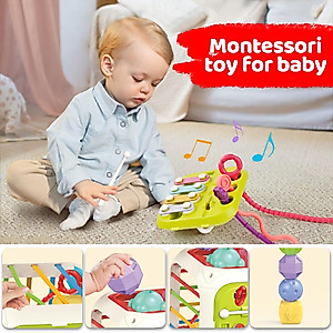 Innofans 5 in 1 Montessori Baby Toys for 3+ Year Old - Sensory Bins Toys, Travel Pull String Toy & Shape Sorter & Stacking Building Blocks & Suction Cup Spinner Toys, Birthday for Baby