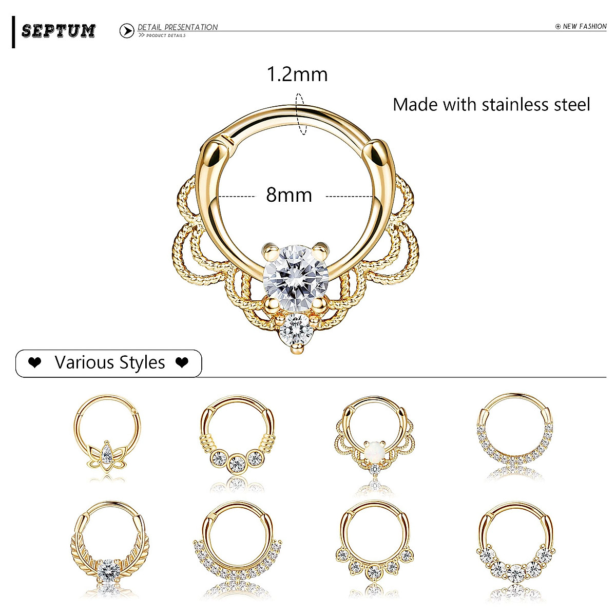 Drperfect 9PCS 16G Septum Rings Opal Daith Earrings Hoop Nose Rings 316L Stainless Steel CZ Cartilage Helix Tragus Earrings Septum Clicker Piercing Jewerly Gold Tone 8MM