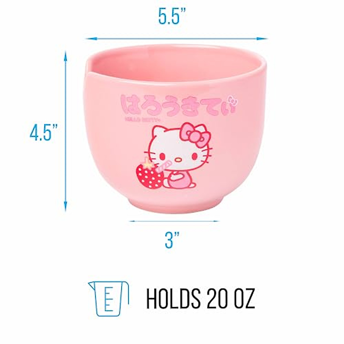 Silver Buffalo Sanrio Hello Kitty Strawberry Milk Japanese Character Ceramic Ramen Rice Bowl with Chopsticks, 20 Ounces, Pink