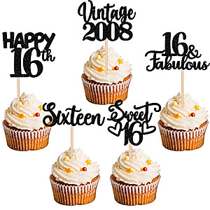 30PCS Happy 16th Birthday Cupcake Toppers Glitter Sixteen Vintage 2008 Cupcake Picks Cheers to 16 Fabulous Cake Decorations for 16th Birthday Wedding Anniversary Party Supplies Black