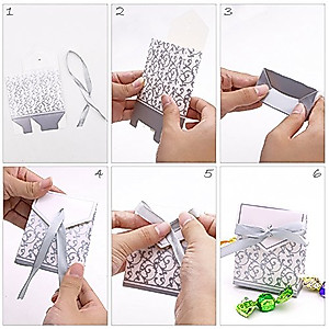 JOHOUSE 50pcs Mini Wedding Favor Box, Small Gift Boxes Candy Boxes with Gift Ribbons for Wedding Party Bridal Shower Favor Party Decoration, Silver