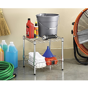 Whitmor Supreme Stacking Shelf with Basket - Adjustable Home Organizer - Chrome