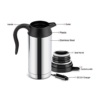 12V 750ml Car Electric Bottle, Stainless Steel Electric Car Kettle Heating Cup Coffee Mug Travel Water Bottle