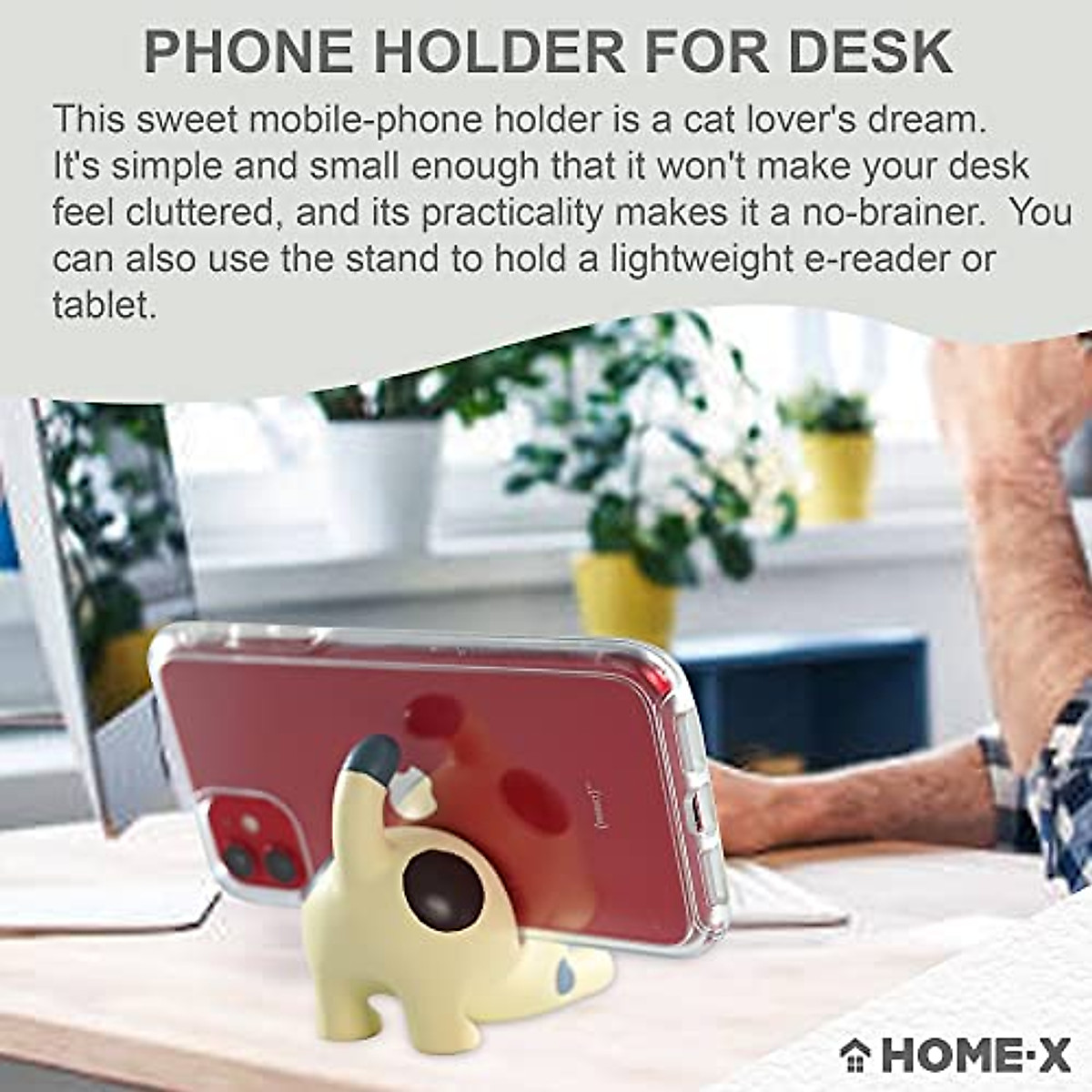 Home-X Cat Phone Stand, Cute Desktop Smartphone Holder, Vertical or Horizontal, Universal Cell-Phone Stand, Cream with Spots