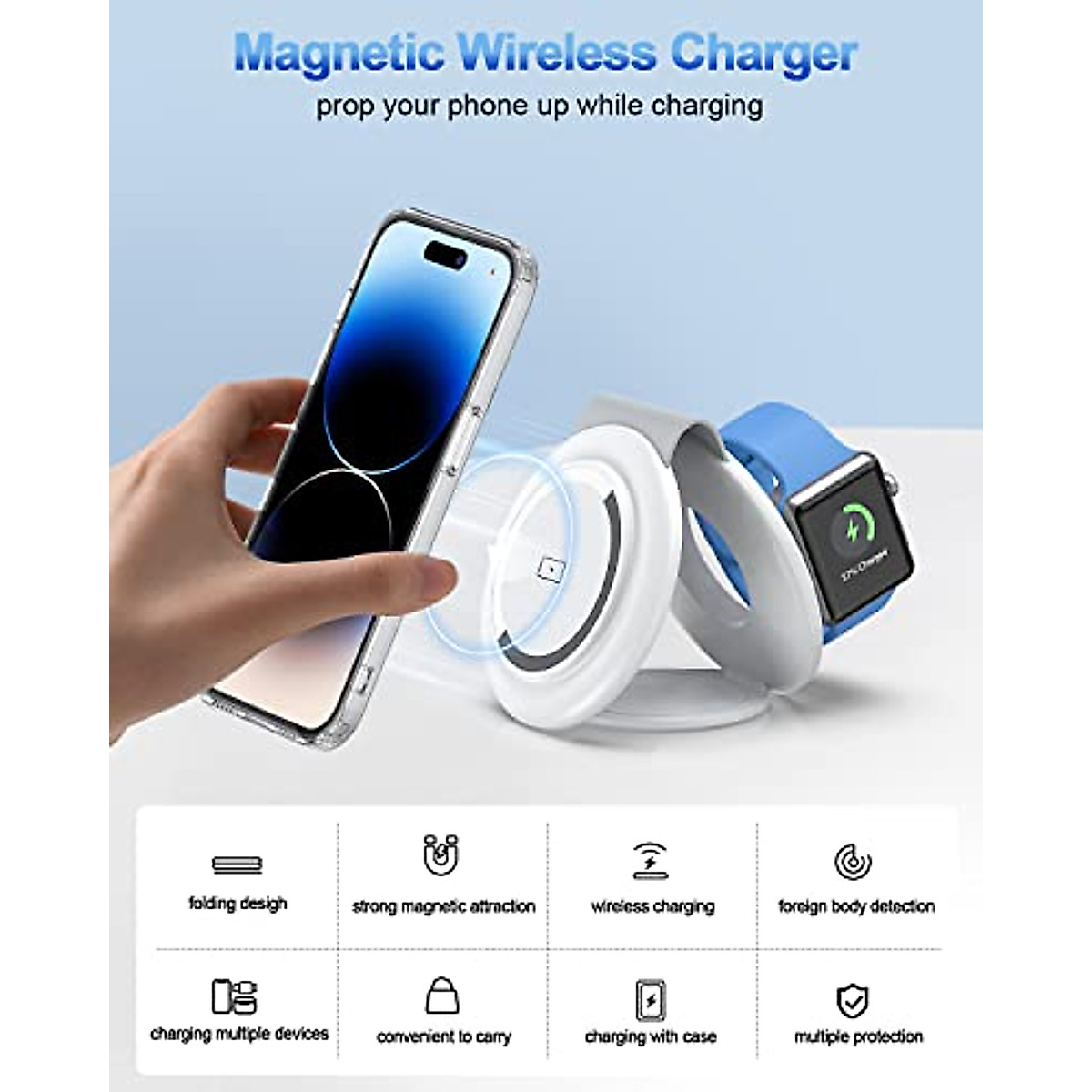 RTOPS Wireless Charger, 2 in 1 Magnetic Wireless Charging Station, Foldable Travel Charger Multiple Devices Compitable for iPhone 14/13/12/Pro/Max, iWatch, AirPods(Adapter Includes)
