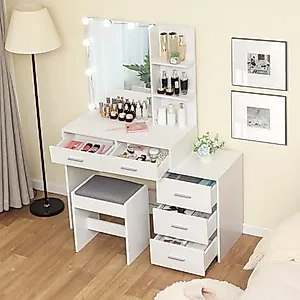 usikey 43.5in Large Vanity Desk with Mirror and 10 LED Lights, Makeup Vanity Table with Lights and 5 Drawers, White Vanity Table Vanity Set with Storage Shelves and Stool for Women Girls, White