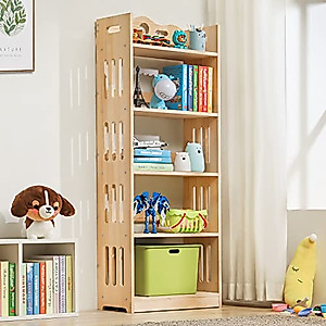 MoNiBloom 5 Tier Bookcase with Open Shelves, Solid Wood Storage Organizer Book Shelf Cabinet Display Organizer for Kids Room Living Room Bedroom, Natural