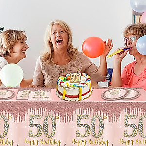 50th Birthday Decorations for Women Rose Gold Birthday Supplies 50th Birthday Tableware Set Include 50th Rose Gold birthday plates and napkins Tablecloth Fifty Birthday Party Decorations Favors for Women