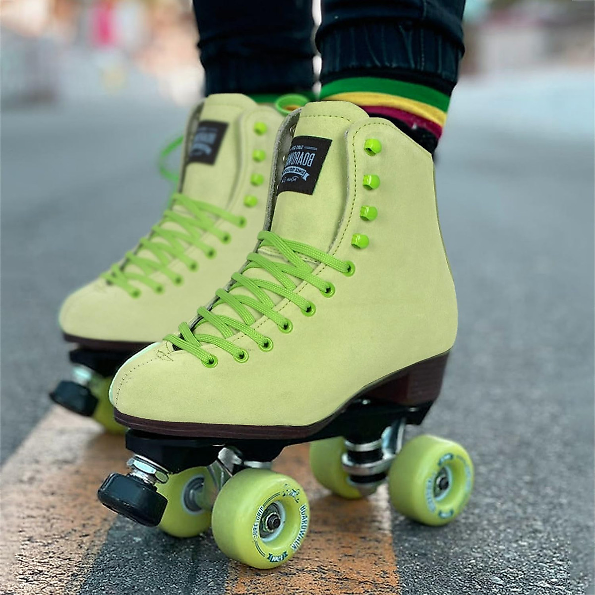 Sure-Grip Boardwalk Unisex Outdoor Roller Skates Material of Leather, Rubber, Suede & Aluminum Trucks | Comfortable, Extra Long Laces - Suitable for Beginners (Key Lime, Mens 7 / Womens 8)